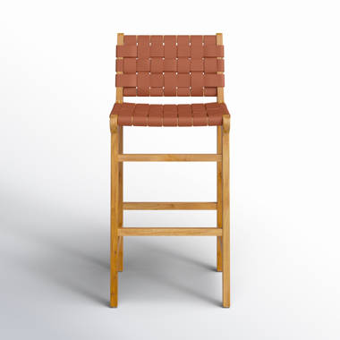 Markus Teak Wood Woven Leather Seat and Back Bar Stool with Beam Footrest